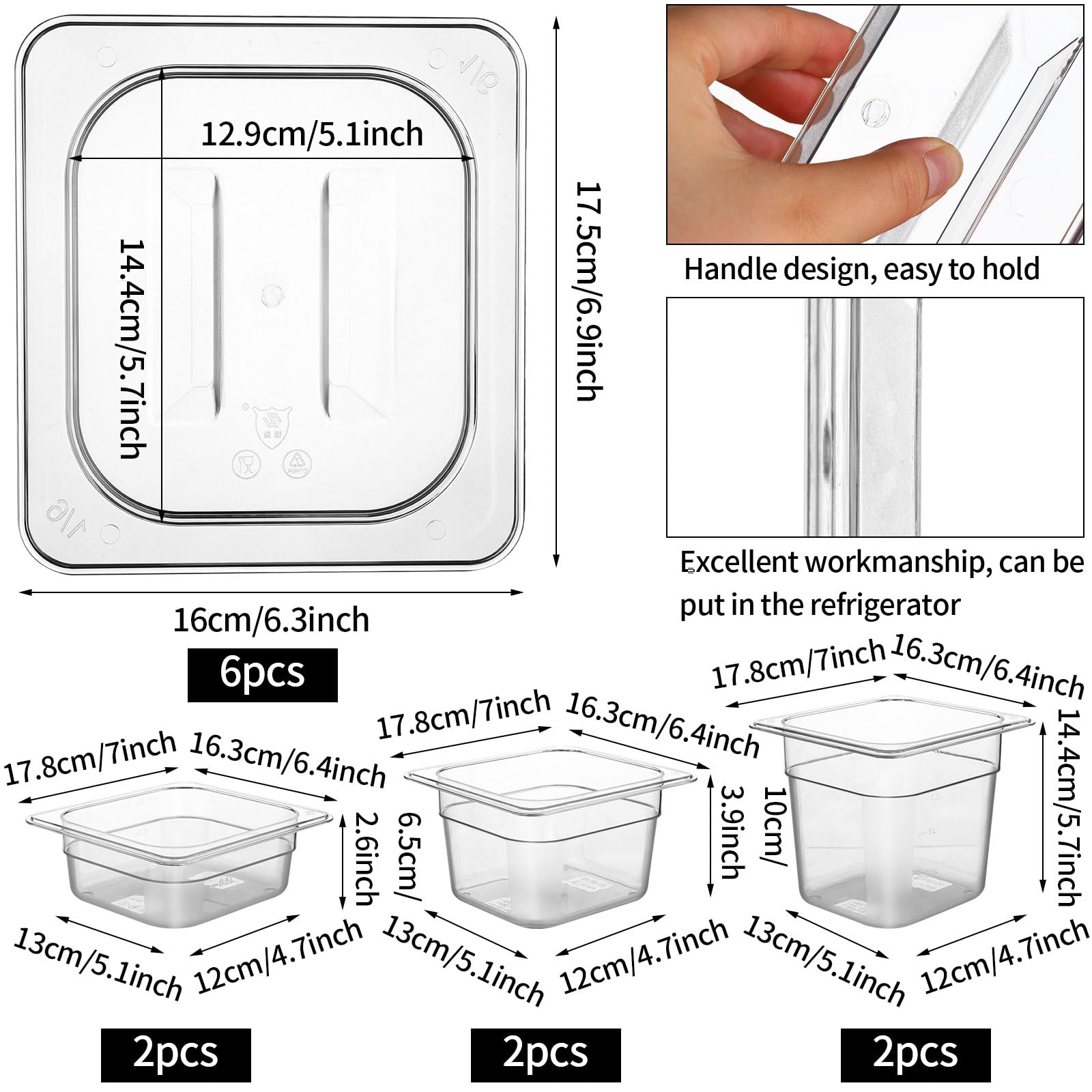 6 Pack 1/6 Size Clear Food Pans with Lids 2.5'' 4'' 6'' Deep Food Storage Containers Plastic Pan Lid with Handle Polycarbonate Universal Restaurant Commercial Hotel Pans for Food Fruits Vegetables