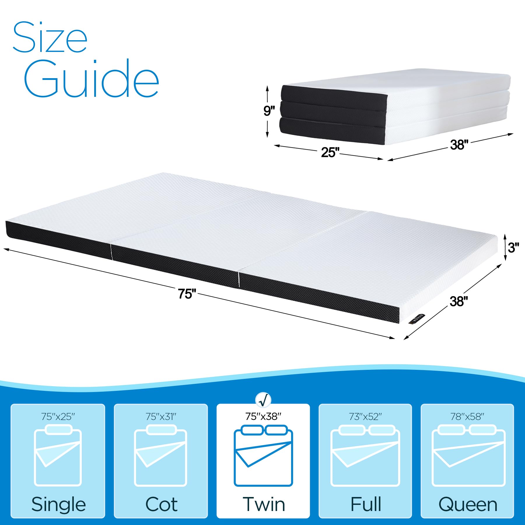 Roxzo Folding Mattress, 3 inch Twin Tri-Folding Memory Form Mattress,Portable Trifold Mattress Topper with Washable Cover, Non-Slip Bottom Camping Mattress Guest Bed, 75"x38"x3"