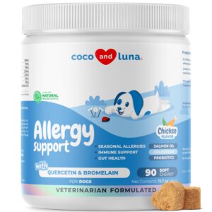 dog allergy and itch relief - 90 soft chews - with probiotics, salmon oil, colostrum, quercetin, and turmeric - anti itch supplement, support for skin and seasonal allergies