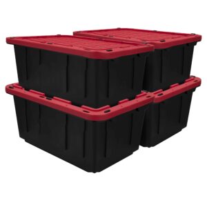 tough - 17 gallon snap lid plastic storage tote, black base/red lid, set of 4