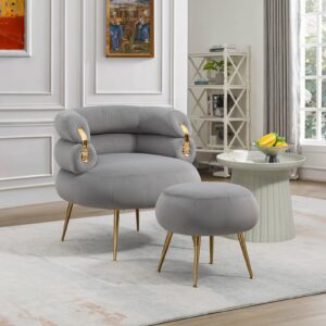 antetek modern velvet accent chair with ottoman, upholstered sofa chair with stylish golden decor, comfy arm chair leisure lounge chair for living room, bedroom, office, grey