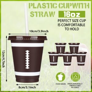 Domensi 20 Pieces Plastic Cups with Lid and Straw Reusable Tumbler Party Plastic Cups 16 oz Party Supplies Party Favors for Game Sport Birthday Party (Football)