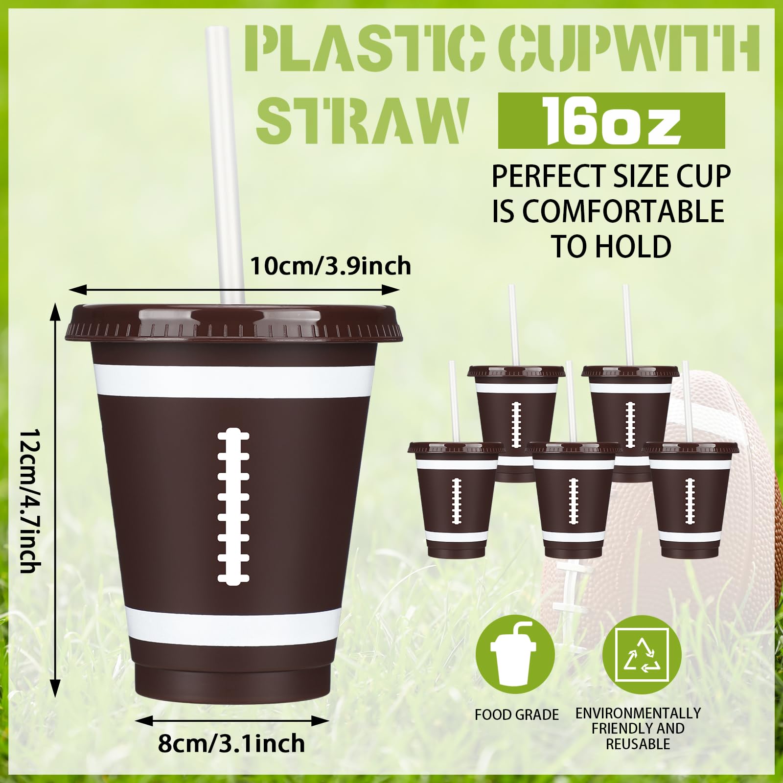 Domensi 20 Pieces Plastic Cups with Lid and Straw Reusable Tumbler Party Plastic Cups 16 oz Party Supplies Party Favors for Game Sport Birthday Party (Football)