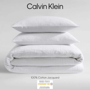 Calvin Klein - King Duvet Cover Set, Soft Cotton Jacquard Bedding, Crinkle Textured Home Decor (Washed Texture White, King)