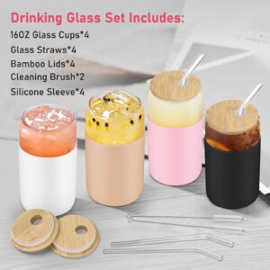 sungwoo Glass Cups with Bamboo Lids and Straws, 16OZ Ice Coffee Cup with Silicone Sleeve, Drinking Cup set with Wooden Lids, Home Essential Glass Tumblers for Beer, Cocktail, Tea and Latte 4 Pack