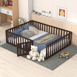 harper & bright designs queen size floor bed with rails, montessori bed queen size wood floor bed frame with fence and door, for kids girls boys (walnut)