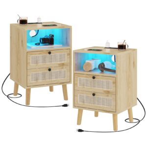 AOGLLATI Rattan Nightstands Set of 2 with Charging Station and LED Lights, Bed Side Tables with 2 Drawers and Open Storage, End Tables, Wood Night Stands for Bedroom, Natural