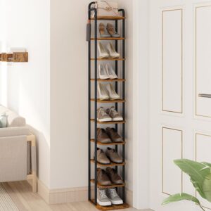 hzuaneri vertical shoe rack, shoe shelves, wood shoe organizer for closet, entryway, shoe tower for small spaces, free standing, adjustable, with 2 hooks, 10 tier rustic brown sr11201b