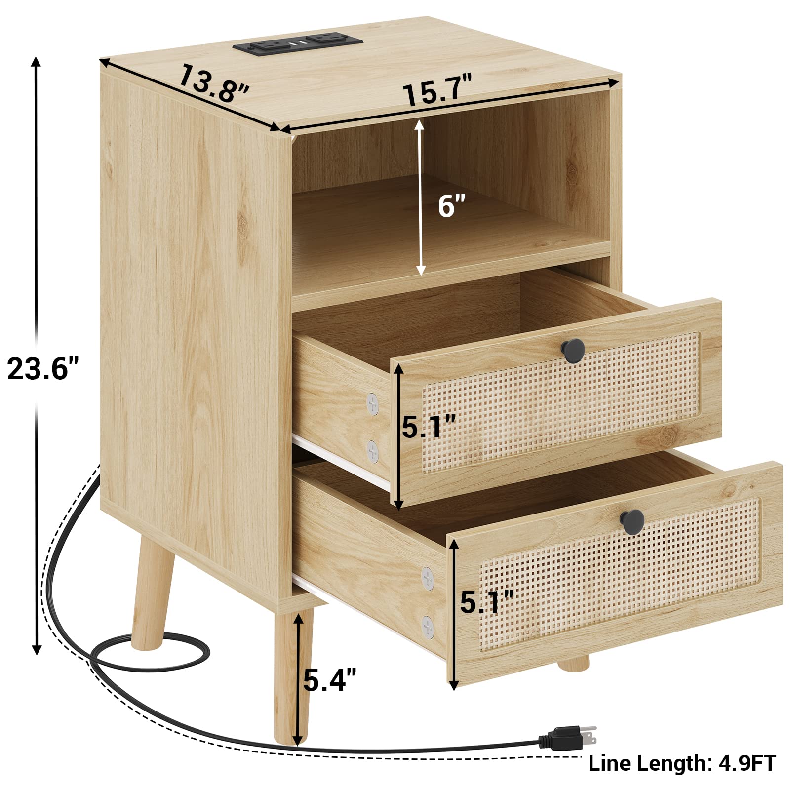 AOGLLATI Rattan Nightstands Set of 2 with Charging Station and LED Lights, Bed Side Tables with 2 Drawers and Open Storage, End Tables, Wood Night Stands for Bedroom, Natural