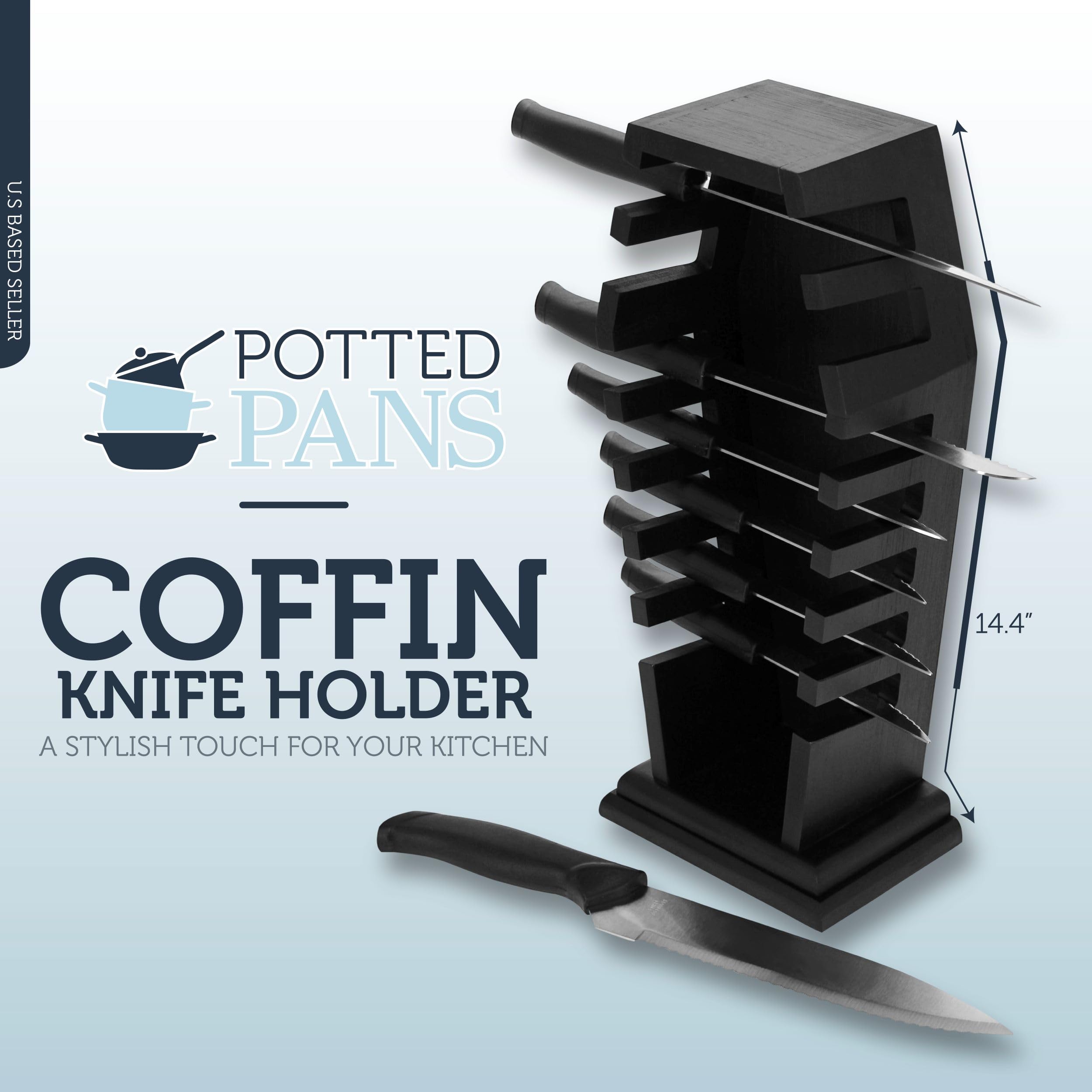 Potted Pans Gothic Kitchen Coffin Knife Holder - Spooky 7 Blade Goth Kitchen Decor Knife Storage - Gothic Oddities Wood Coffin Halloween Kitchenware Counter Accessory Steak Knife Organizer