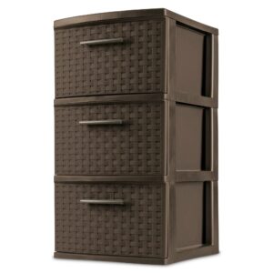 tqaser 3-drawer wide weave design storage tower, espresso frame & drawers with driftwood handles, brown, case of 1