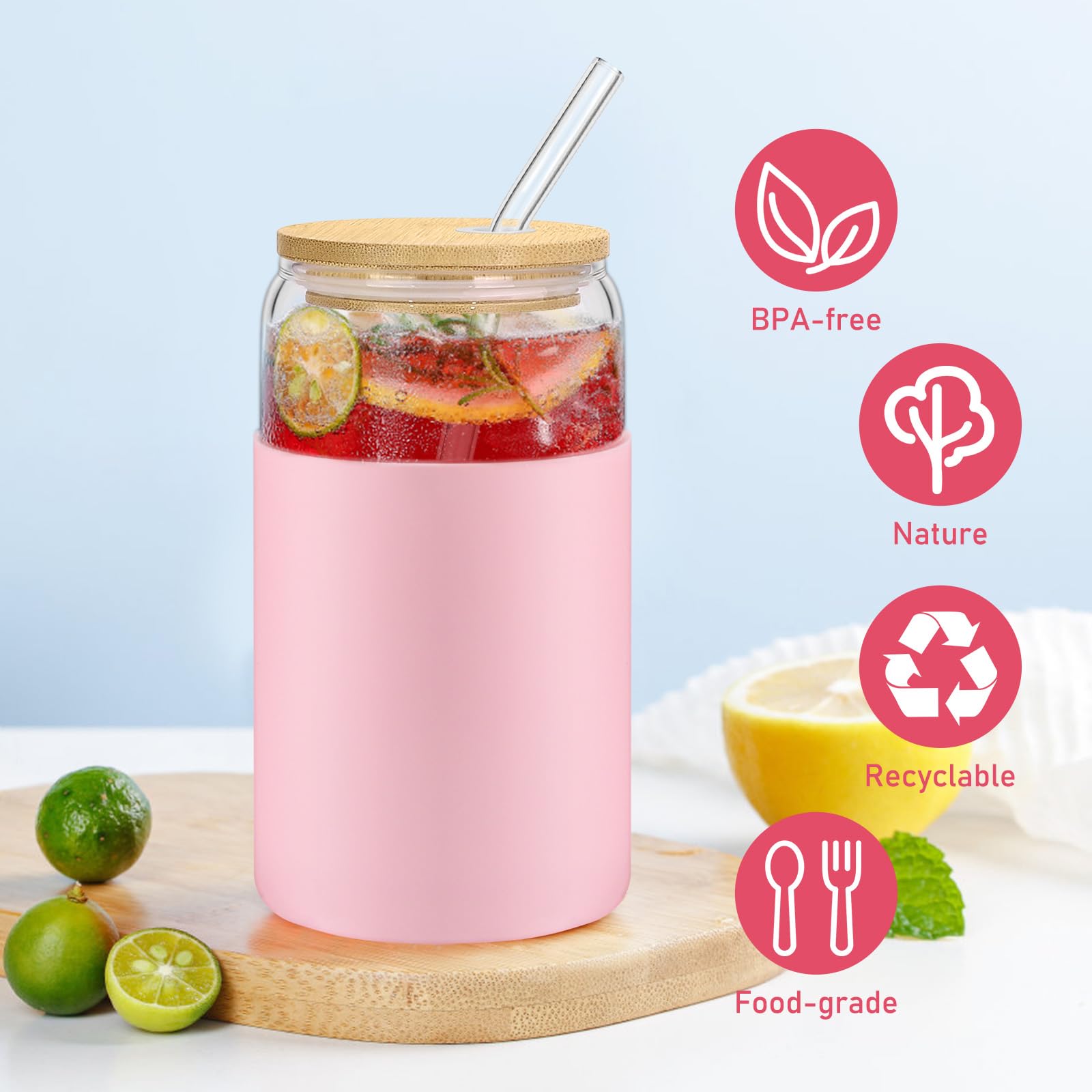 sungwoo Glass Cups with Bamboo Lids and Straws, 16OZ Ice Coffee Cup with Silicone Sleeve, Drinking Cup set with Wooden Lids, Home Essential Glass Tumblers for Beer, Cocktail, Tea and Latte 4 Pack