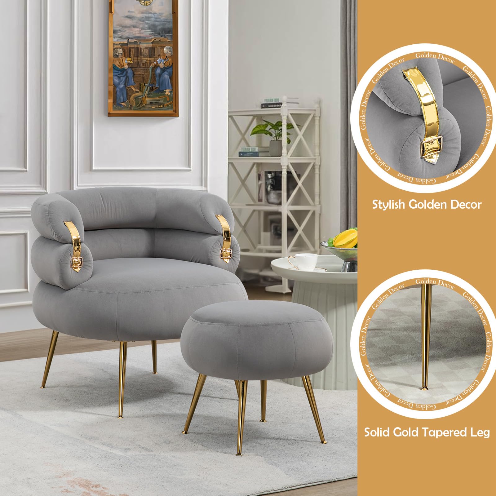 Antetek Modern Velvet Accent Chair with Ottoman, Upholstered Sofa Chair with Stylish Golden Decor, Comfy Arm Chair Leisure Lounge Chair for Living Room, Bedroom, Office, Grey