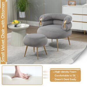 Antetek Modern Velvet Accent Chair with Ottoman, Upholstered Sofa Chair with Stylish Golden Decor, Comfy Arm Chair Leisure Lounge Chair for Living Room, Bedroom, Office, Grey