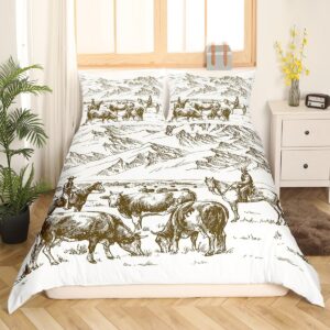 erosebridal cattle duvet cover king, cows grazing bedding set for cowboys, hand drawn american wild west mountain cowboy comforter cover, farmhouse rustic country bedroom decor retro quilt cover