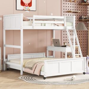 harper & bright designs twin over full bunk beds with desk and drawers, wood twin size loft bed with removable full platform bed frame, bunk bed with ladder for kids girls boys, white