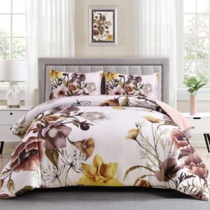 drucon duvet cover queen size,reversible 3 pieces floral duvet cover set,blush bedding set for all season,soft and breathable bedding set with zipper closure & corner ties(queen, 90"x90")