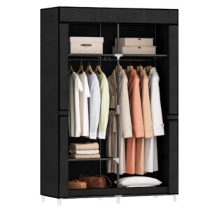 hzuaneri 35.8 inch closet wardrobe, clothes storage organizer for hanging clothes with cover, 2 hanging rods, 5 storage shelves, portable closet for bedroom 35.8 x 17.7 x 66 inches, pure black