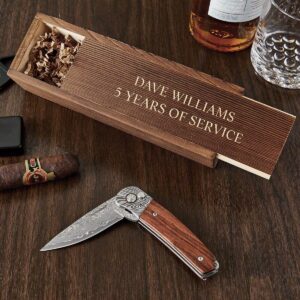 homewetbar damascus steel knife with engraved wood idea box. custom utility pocket knife for outdoor enthusiasts, perfect for groomsmen ideas and special occasions