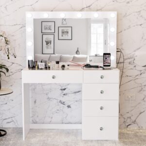 boahaus alana white makeup vanity desk with lights, 5 drawers, glass top, usb ports