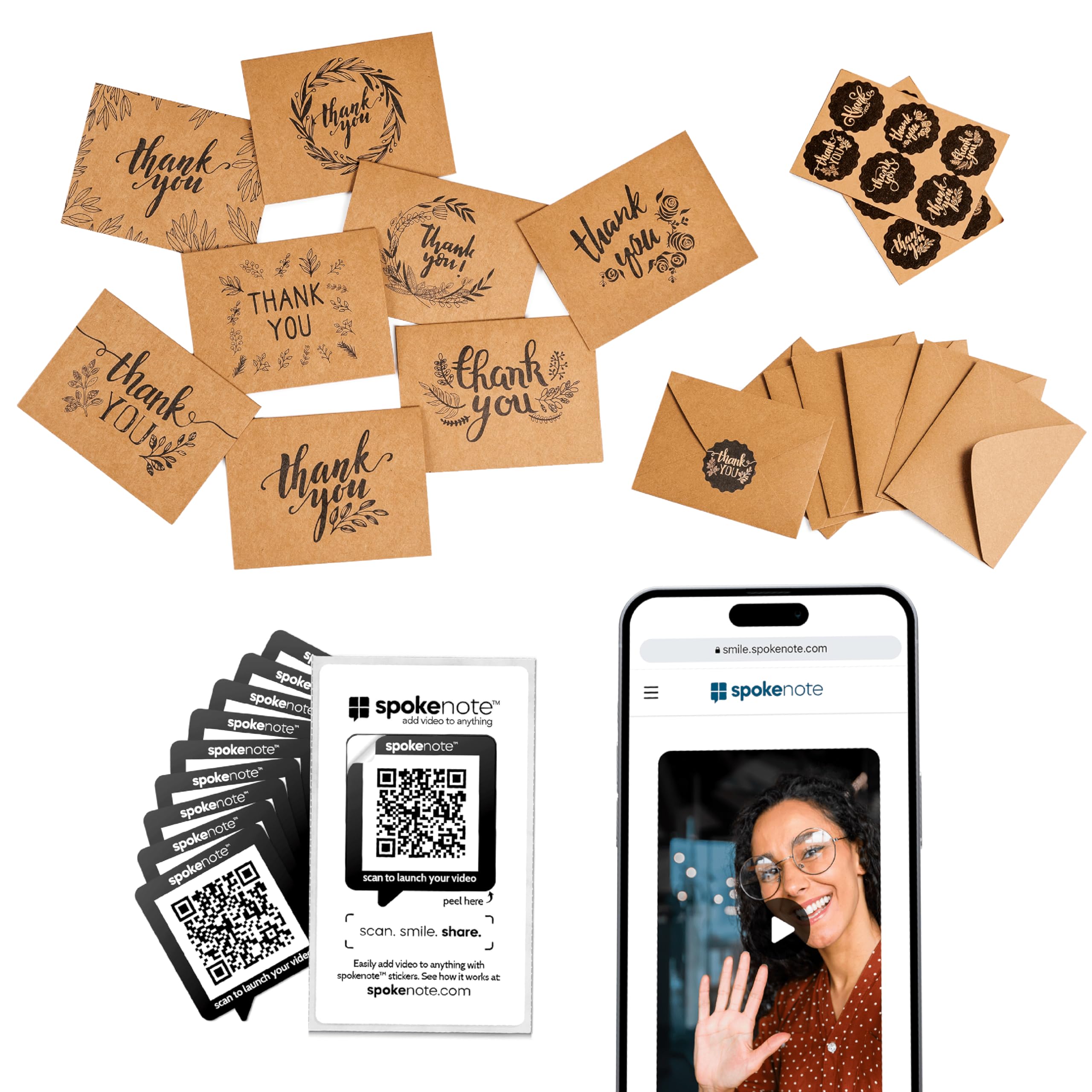 Spokenote - Thank You Card Bundle & Personalized Video Recording QR Code Stickers • Includes: 25 Thank You Cards with Envelopes & 10 Pack of Spokenote QR codes