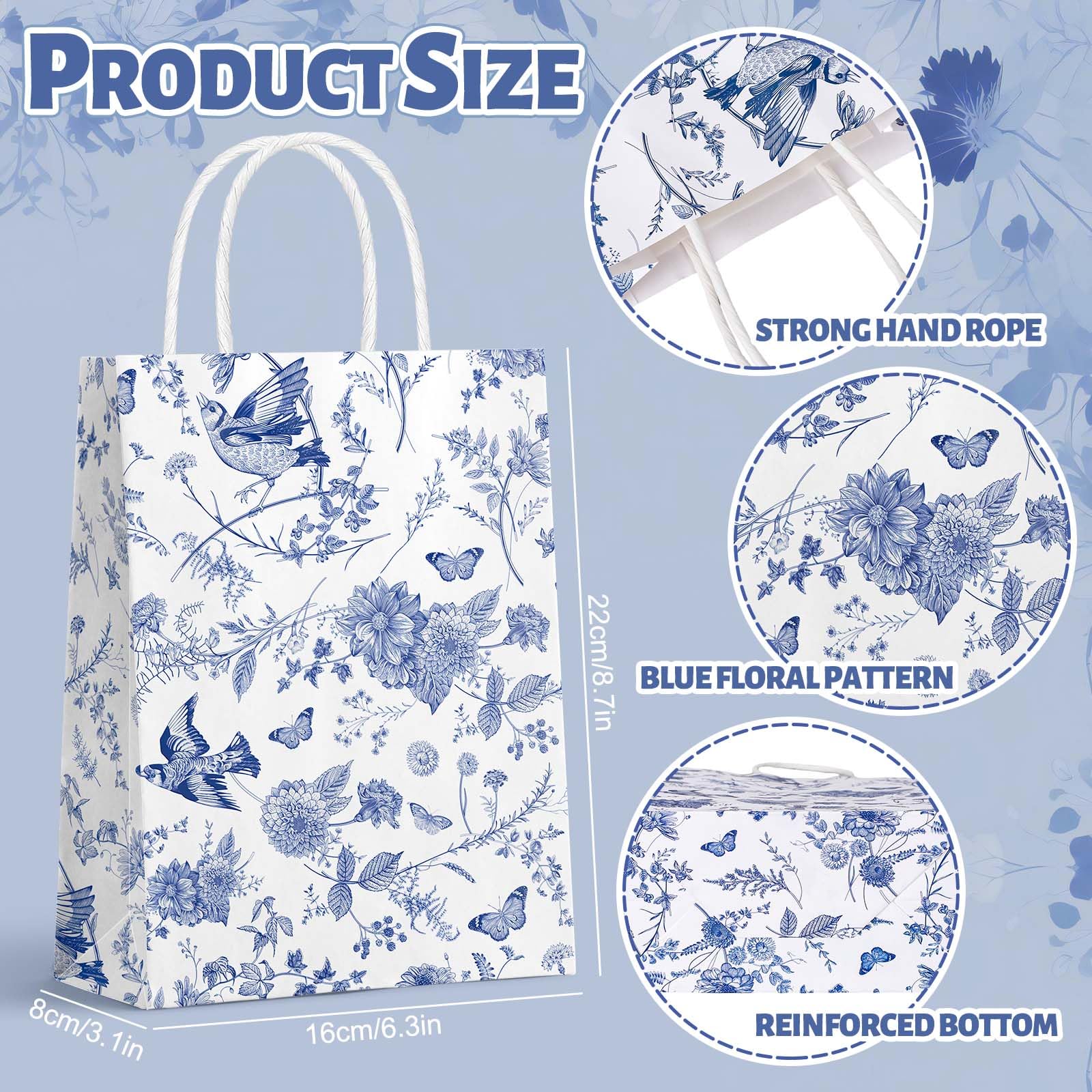 AnyDesign 16Pcs Floral Paper Gift Bags Blue White Party Bags with Handles Chinoiserie Hydrangea Branches Decorative Packaging Bags for Wedding Birthday Party Supply