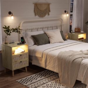 aogllati rattan nightstands set of 2 with charging station and led lights, bed side tables with 2 drawers and open storage, end tables, wood night stands for bedroom, natural