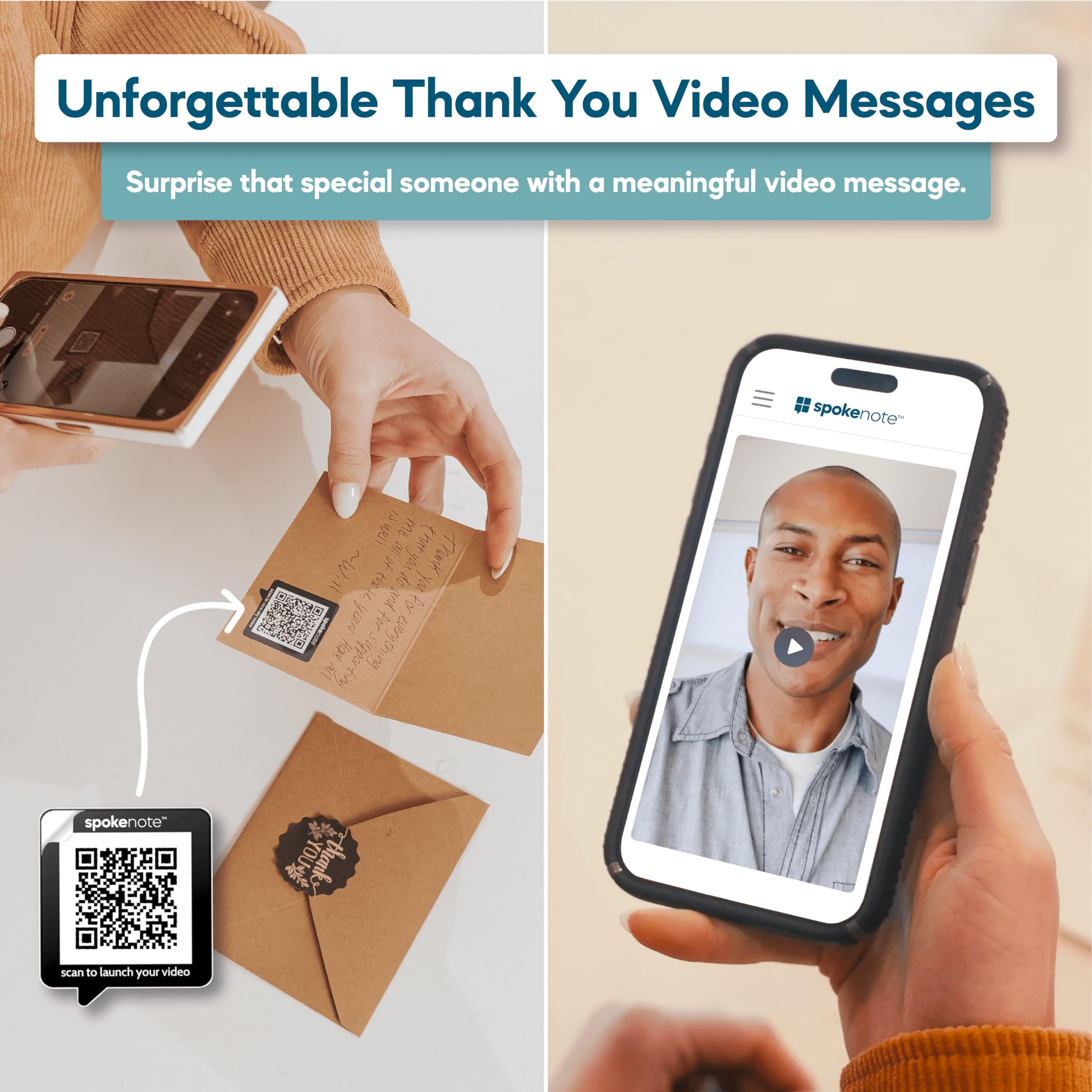 Spokenote - Thank You Card Bundle & Personalized Video Recording QR Code Stickers • Includes: 25 Thank You Cards with Envelopes & 10 Pack of Spokenote QR codes