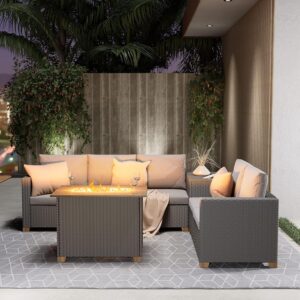 grand patio 5-piece outdoor sectional sofa sets, all-weather wicker patio furniture sets with fire pit table and outdoor storage box for backyard garden poolside(greige)