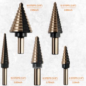 KENDO 5PCS Step Drill Bits with Automatic Center Punch - Black and Gold, High Speed Steel Unibit Step Drill Bit Set, Total 50 Sizes HSS Titanium Step Bits for Metal, DIY Lovers with Aluminum Case