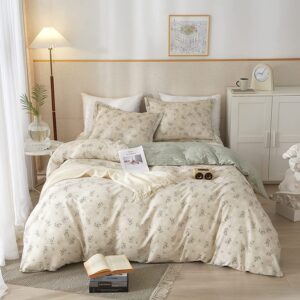 LifeTB 4 PCS Chic Boho Floral Duvet Cover Set【1 Twin Duvet Cover + 2 Standard Pillowcases + 1 Twin Fitted Sheet】