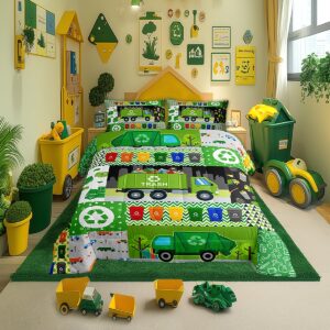 cartoon garbage truck bedding comforter sets twin,colorful trash can cute green cars trees bedding set for bedroom,watercolor abstract stripes geometric art with 1 comforter and 1 pillowcase