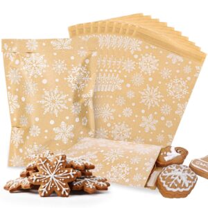 whaline 100pcs christmas kraft treat bags self-adhesive winter white snowflake prints goodie snack gift bags xmas candy buffet kraft bags for winter holiday party favor supplies