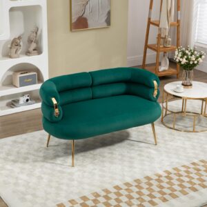 Velvet Small Loveseat Sofa, Upholstered Mini Couch with Curved Backrest, Modern 2-Seat Sofa with Gold Metal Legs, Comfy Love Seat for Living Room, Bedroom, Dorm, and Apart（Green）