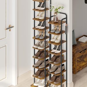 Hzuaneri Vertical Shoe Rack, Shoe Shelves, Wood Shoe Organizer for Closet, Entryway, Shoe Tower for Small Spaces, Free Standing, Adjustable, with 2 Hooks, 10 Tier Rustic Brown SR11201B