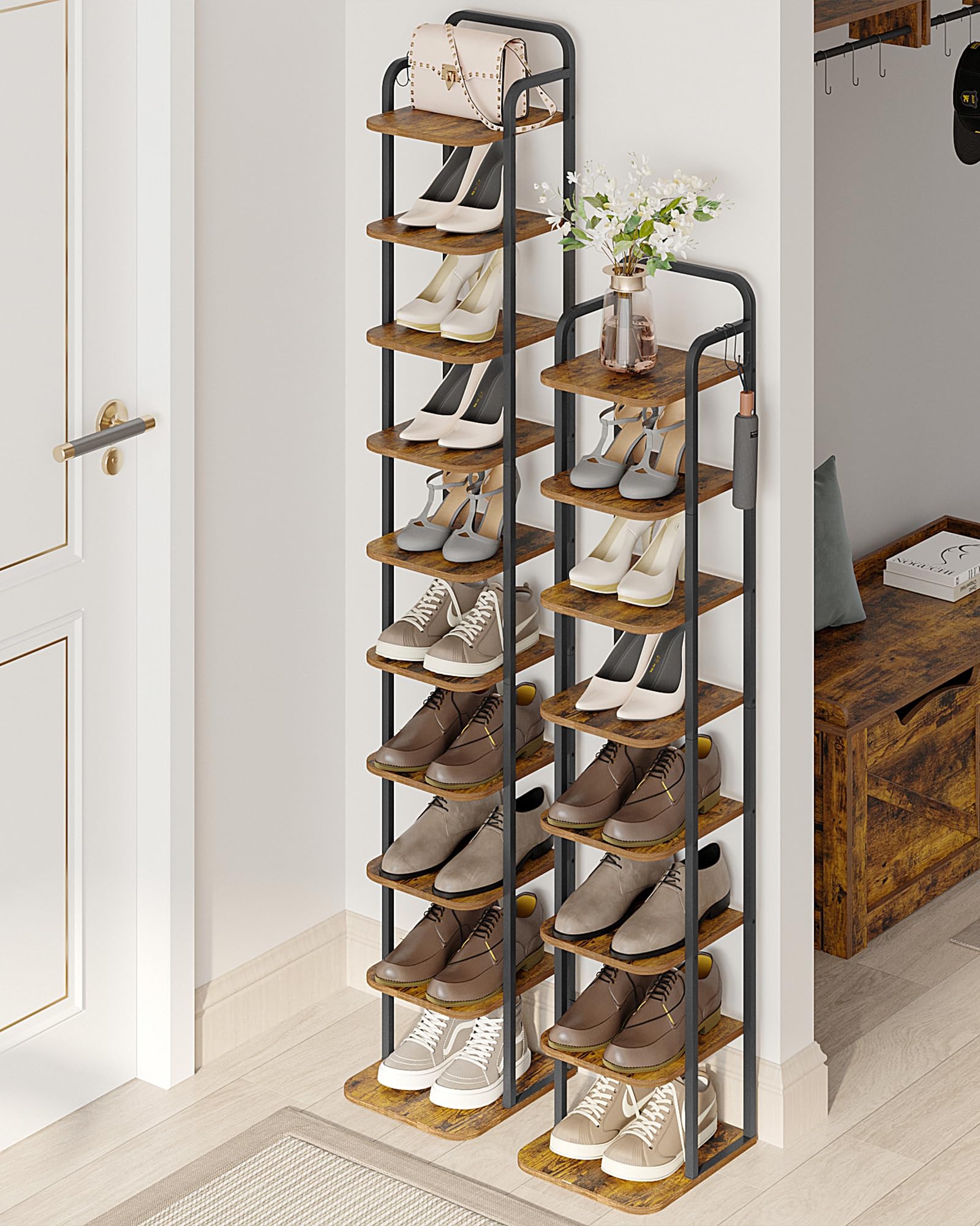 Hzuaneri Vertical Shoe Rack, Shoe Shelves, Wood Shoe Organizer for Closet, Entryway, Shoe Tower for Small Spaces, Free Standing, Adjustable, with 2 Hooks, 10 Tier Rustic Brown SR11201B