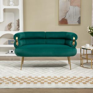 velvet small loveseat sofa, upholstered mini couch with curved backrest, modern 2-seat sofa with gold metal legs, comfy love seat for living room, bedroom, dorm, and apart（green）