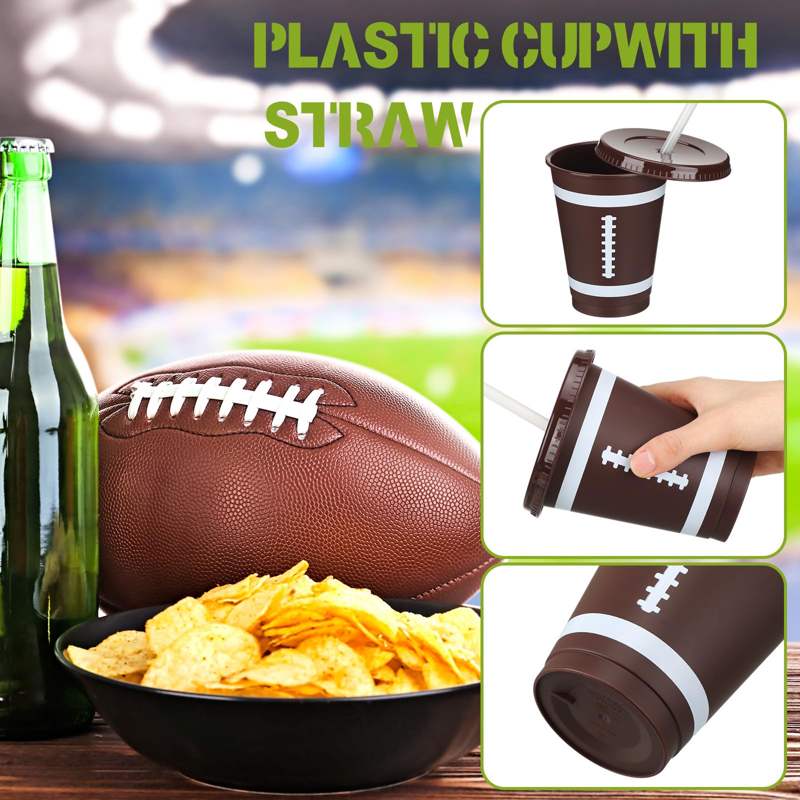 Domensi 20 Pieces Plastic Cups with Lid and Straw Reusable Tumbler Party Plastic Cups 16 oz Party Supplies Party Favors for Game Sport Birthday Party (Football)