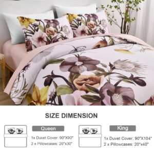 Drucon Duvet Cover Queen Size,Reversible 3 Pieces Floral Duvet Cover Set,Blush Bedding Set for All Season,Soft and Breathable Bedding Set with Zipper Closure & Corner Ties(Queen, 90"x90")