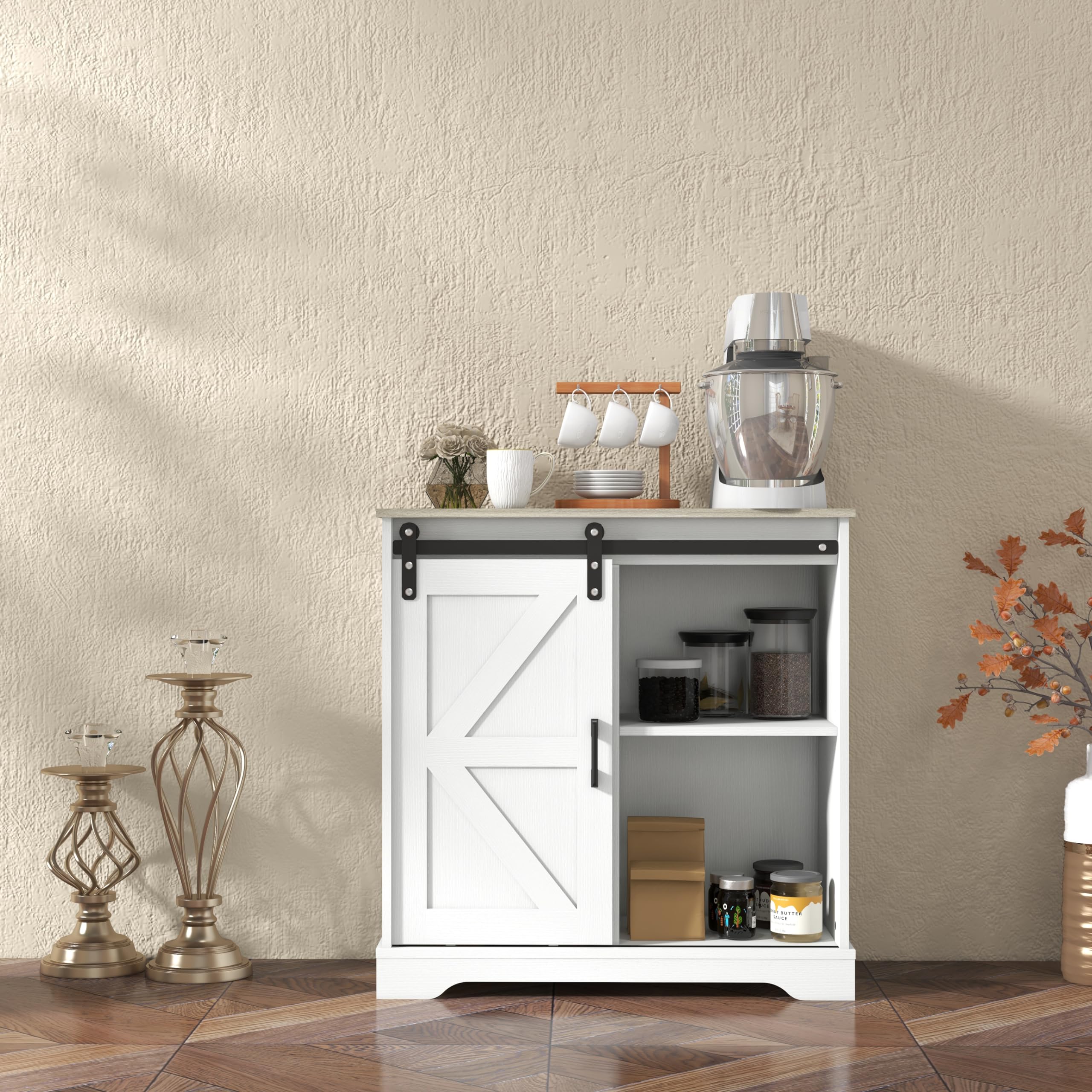 Panana Sliding Barn Door Buffet Sideboard Storage Cabinet Coffee Bar Kitchen Farmhouse Style (White Cabinet Nature Top)