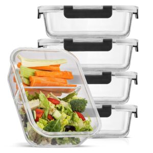 joyjolt divided food storage containers with lids airtight. 5 pack glass meal prep containers 2 compartment set glass bento box. reusable food containers, portion control containers for weight loss