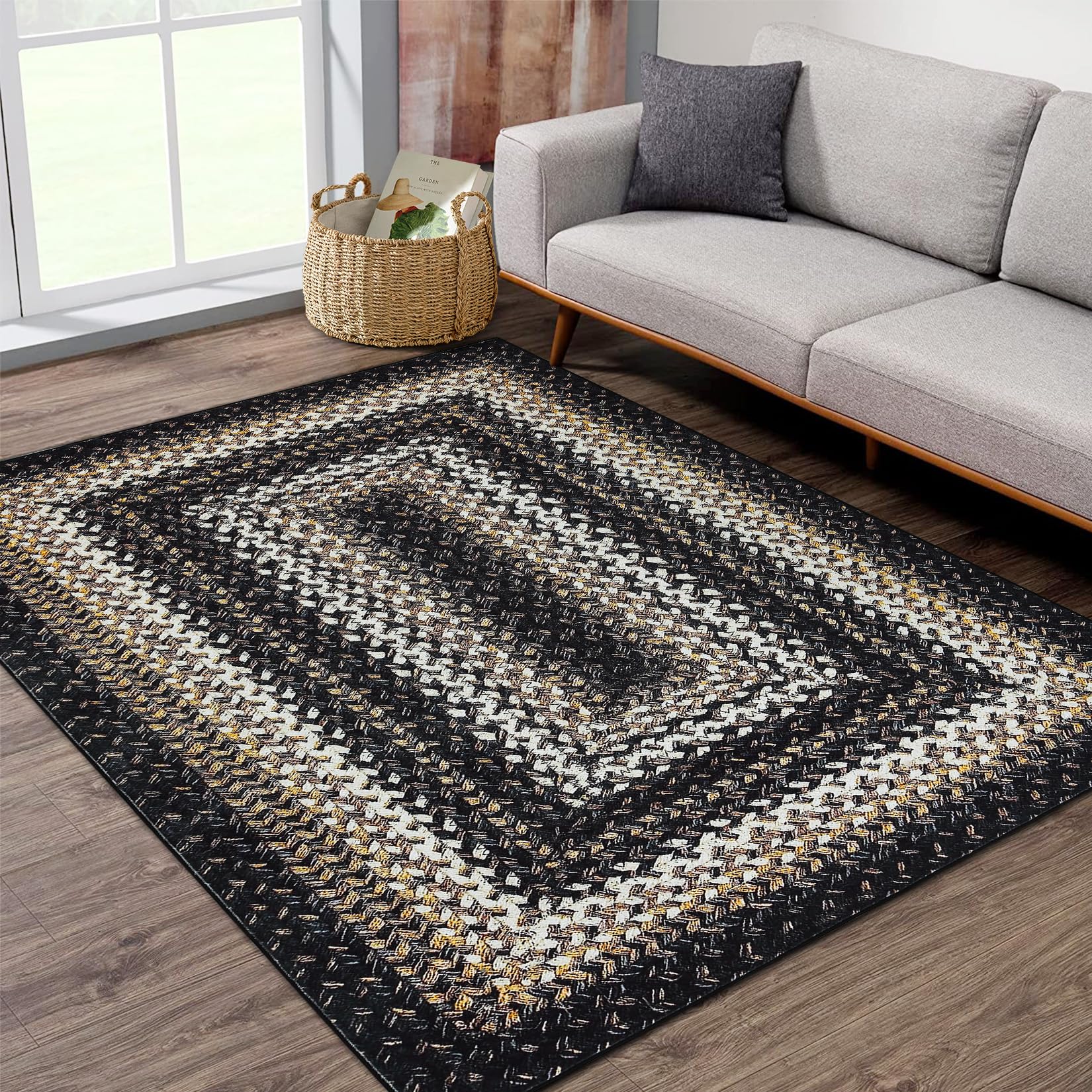 ROYHOME Boho Rug 4x6 Bedroom Area Rug Braided Print Area Rug Modern Geometric Area Rug Fsrmhouse Aesthetic Carpet Distressed Throw Rugs for Living Room Bedroom Kitchen Nursery Office, Black