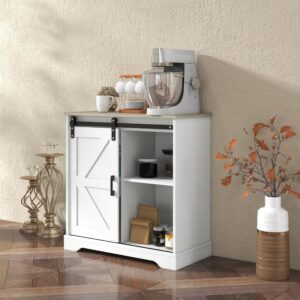 Panana Sliding Barn Door Buffet Sideboard Storage Cabinet Coffee Bar Kitchen Farmhouse Style (White Cabinet Nature Top)