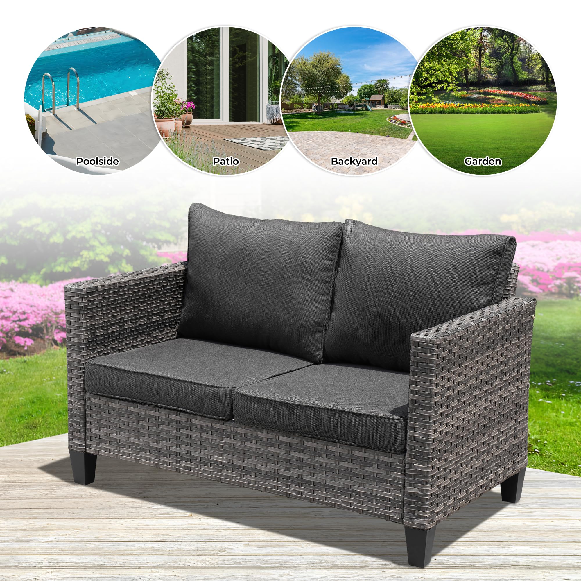 ovios Patio Loveseat, 2-Seater Outdoor Wicker Sofa Couch with Comfy Cushions, All Weather High Back Deep Patio Seating Rattan Love Seat for Porch Deck Balcony, Black