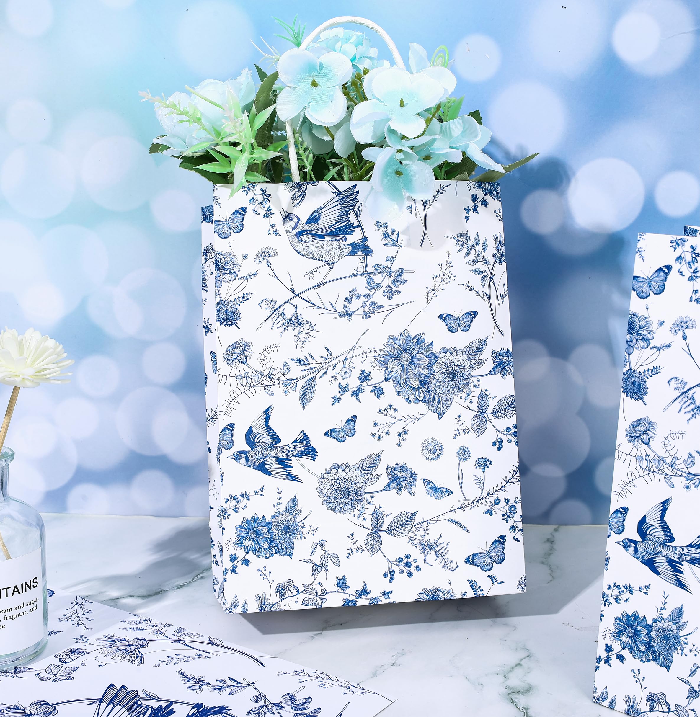 AnyDesign 16Pcs Floral Paper Gift Bags Blue White Party Bags with Handles Chinoiserie Hydrangea Branches Decorative Packaging Bags for Wedding Birthday Party Supply