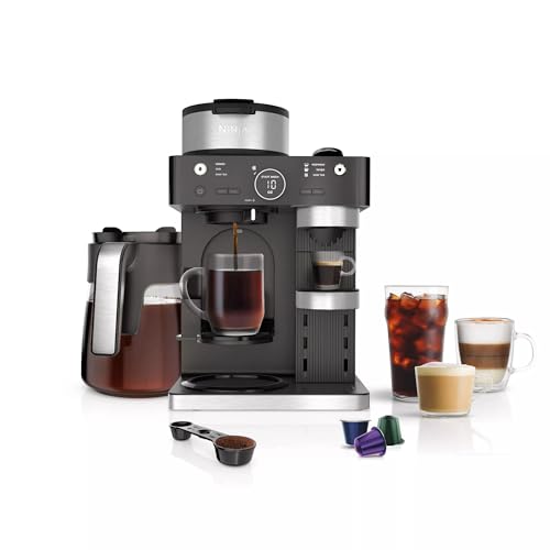 Ninja CFN601 Espresso & Coffee Barista System, Single-Serve Coffee & Compatible with Nespresso Capsule, 12-Cup Carafe, Built-in Frother, Cappuccino & Latte Maker, Black & Stainless Steel (Renewed)