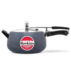 hawkins 5 litre ceramic nonstick pressure cooker, induction inner lid cooker, granite contura shaped cooker, best cooker, blue (icc50)