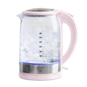 greenlife 1.7 liter glass electric kettle, easy one touch use, quick heating, filtered spout, led base, auto shut-off, cordless serving, coffee and tea, pink