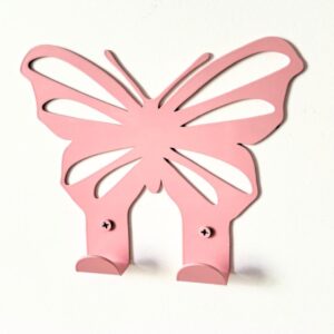 artiletto butterfly wall hooks:girl’s bedroom double-hook coat rack mount for hanging coats, clothing, backpacks, purses, jewelry, towels, girls room décor, cute, 2 metal hangers, pink