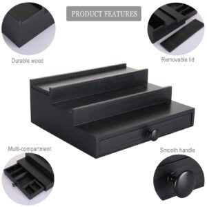 Black Wooden Cologne Organizer for Men - 3 Tier Wooden Perfume Display Stand with Drawer and Hidden Compartment for Organizing and Storing, Cologne Holder Shelf for Dresser